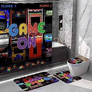 SDDSER Games Shower Curtain Set, 4PCS Play Game Kids Bathroom Shower Curtain Sets with 72 in Video Game Shower Curtain and Bath Mat, Toilet Lid Cover and U Shaped Rug, 12 Hooks, SETLSSD92