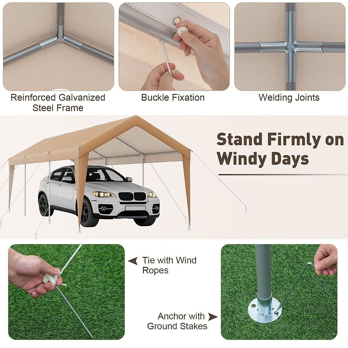 S AFSTAR 10x20FT Carport, Heavy Duty Car Shelter Tent with 180g PE Canopy, 8 Sturdy Galvanized Steel Legs, Ball Bungees, Portable Garage Car Canopy Car Port for Outdoor SUV Truck Car Party Wedding