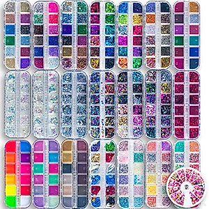 Iridescent Glitters, Holographic Sequins, Laser Flakes, Foil Chips, Beads, Mirror Chrome Pigment Powders, Resin Jewelry Making Kit Art Craft Supplies Pack of 22-Box 264 Designs