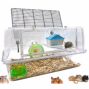 Deluxe 2-Tiers Acrylic Dwarf Hamster Home Mouse Gerbil Palace Rat Habitat Cage Running Wheel Water Bottle Food Bowl (19" x 12" x 11"H, Acrylic Clear)