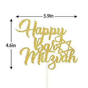 LILIPARTY Gold Glitter Happy Bar Mitzvah,Mitzvah Cake Topper,Elegant Star of David Mitzvah Cake Topper,Jewish Birthday Cake Topper,Jewish Holiday Party Supplies