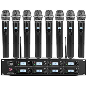 Pyle Professional 8 Channel UHF Wireless Microphone System 8 Handheld Mics Rack Mount Receiver Base RF & AF Radio/Audio Frequency Digital Display Independent Channel Volume Control (PDWM8250),Black
