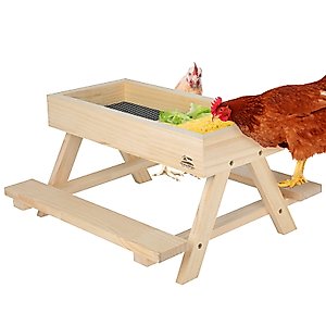 Solution4Patio Chickenic Table Handmade Wooden Picnic Table Chicken Feeder, Duck Feeder, Mesh Bottom, Easy to Clean and Fill, 15.7" W x 14.9" D x 8.6" H, Functional and Funny, Garden Gift, B807A00