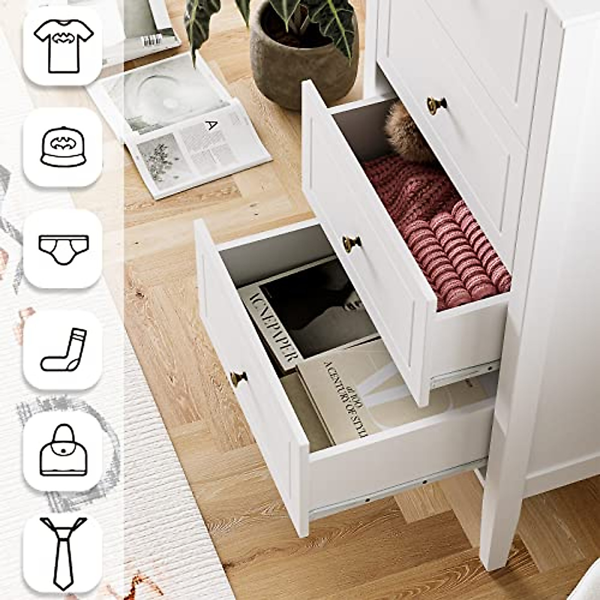 TTVIEW 4 Drawer Dresser, Antique Wide Chest of Drawers with Solid Frame, Closet Dresser Tall Storage Chest Cabinet Nightstand for Living Room, Bathroom, Entryway, White