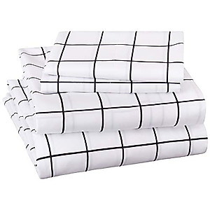 Amazon Basics Soft Microfiber 4-Piece Bed Sheet Set with Elastic Side Pockets, Full, Black Grid, Geometric
