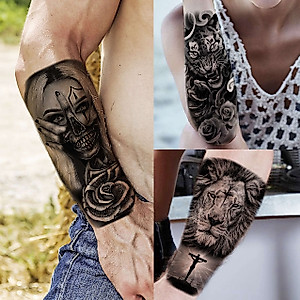 TASROI 61 Sheets Realistic Skull Tiger Wolf Lion Temporary Tattoos For Women Men Arm Sleeve, 3D Halloween Temp Tattoos Adults Compass Black Rose Flower, Bulk Fake Tattoos That Look Real And Last Long