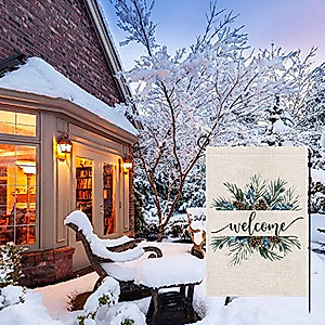 Dsben Welcome Winter Garden Flag 12x18 Inch Double Sided, Pine Twigs Rustic Farmhouse Decoration for Seasonal Christmas Wedding Yard Outdoor