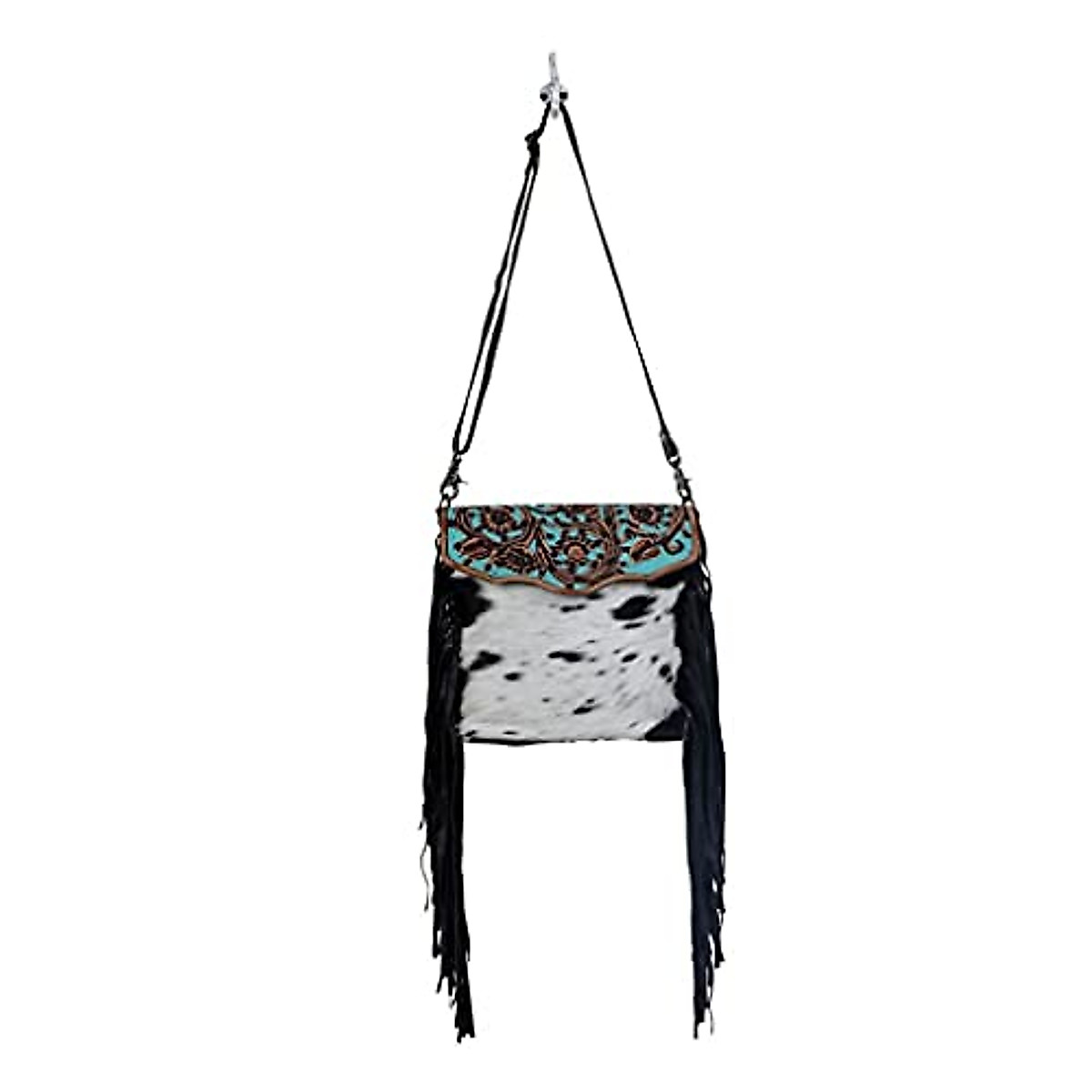 Myra Bag Aqua Hand-Tooled Bag Upcycled Cotton & Cowhide Leather S-2856