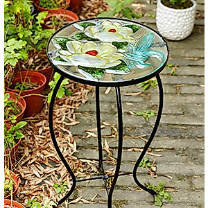 CEDAR HOME Side Table Outdoor Garden Patio Metal Accent Desk with Round Hand Painted Glass, Yellow
