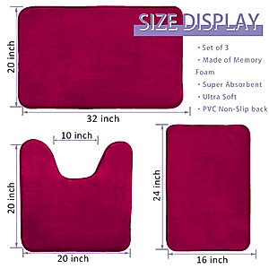 Red Bathroom Rugs Comfort Memory Foam 3 Piece Non-Slip Bath Mats, Absorbent Shaggy Rugs, Machine Wash, Perfect Plush Bathroom Mats, Bathroom Carpets Set with U-Shaped Toilet Bath Mats