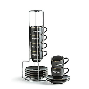 Espresso Cups with Saucers Set, 4 Ounces Demitasse Cups and Metal Stand Porcelain Coffee Cups, Stackable Mugs for Espresso Latte Cafe Mocha and Tea, Set of 6