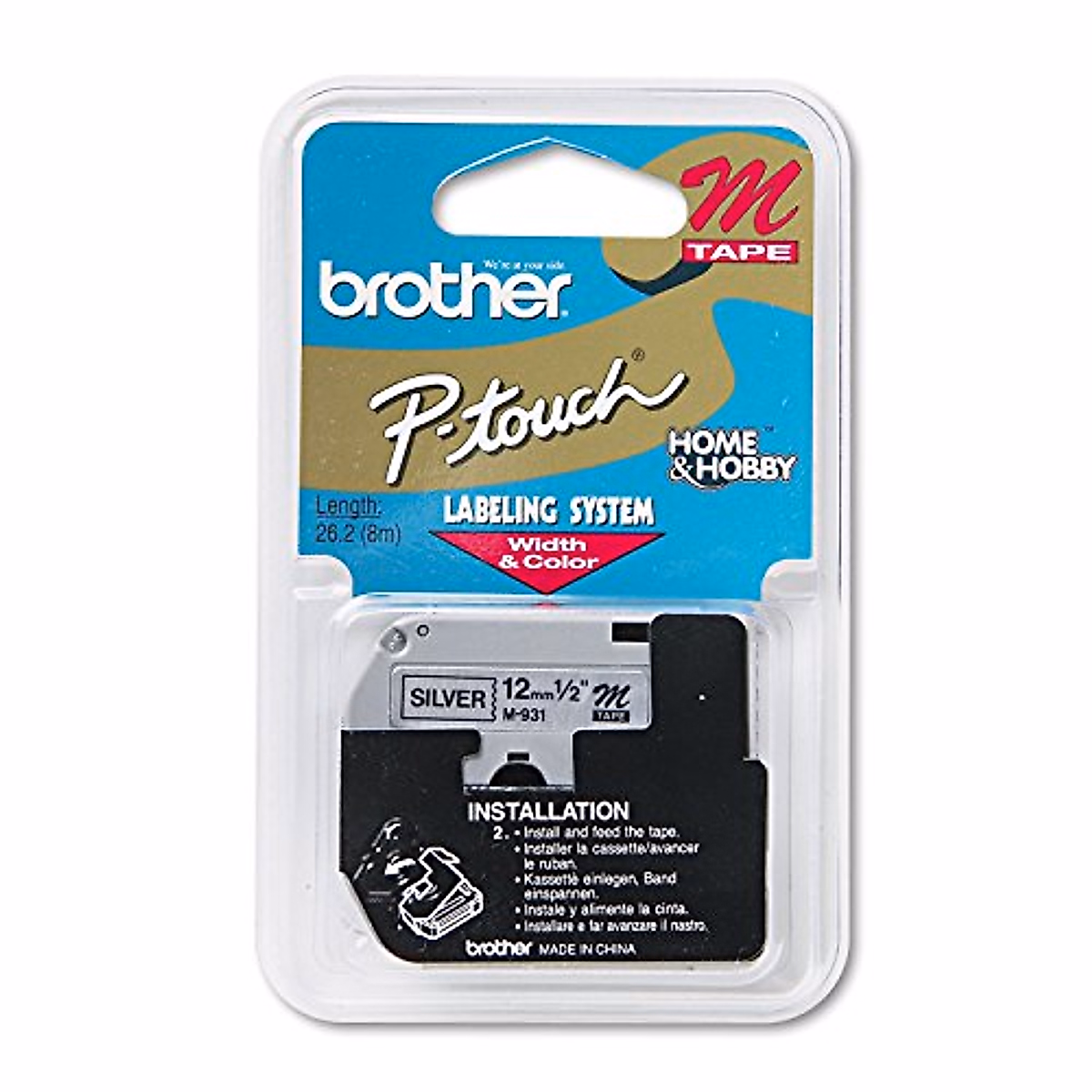 Brother M931 M Series Labeling Tape for P-Touch Labelers, 1/2-Inch W, Black On Silver