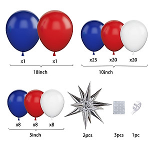 Red White Blue Balloon Arch Kit, Latex Birthday Balloons 5 10 18 inch Blue Red White Party Balloon Garland Kit with 2 Silver Explosion Star for Baby Shower Decorations Wedding Graduation Party