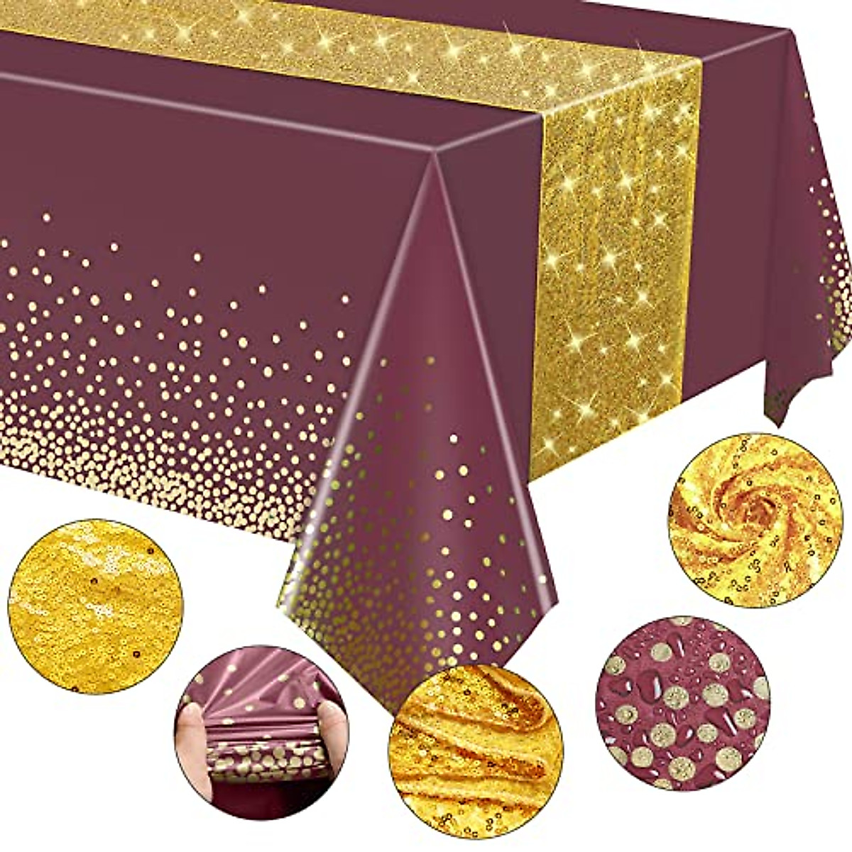Tablecloth and Sequin Table Runner Set Polka Dots Confetti Table Cover Dining Plastic Table Cloths Glitter Decorations for Birthday Wedding Anniversary Party Supplies (Maroon, Gold, 2 Pcs)