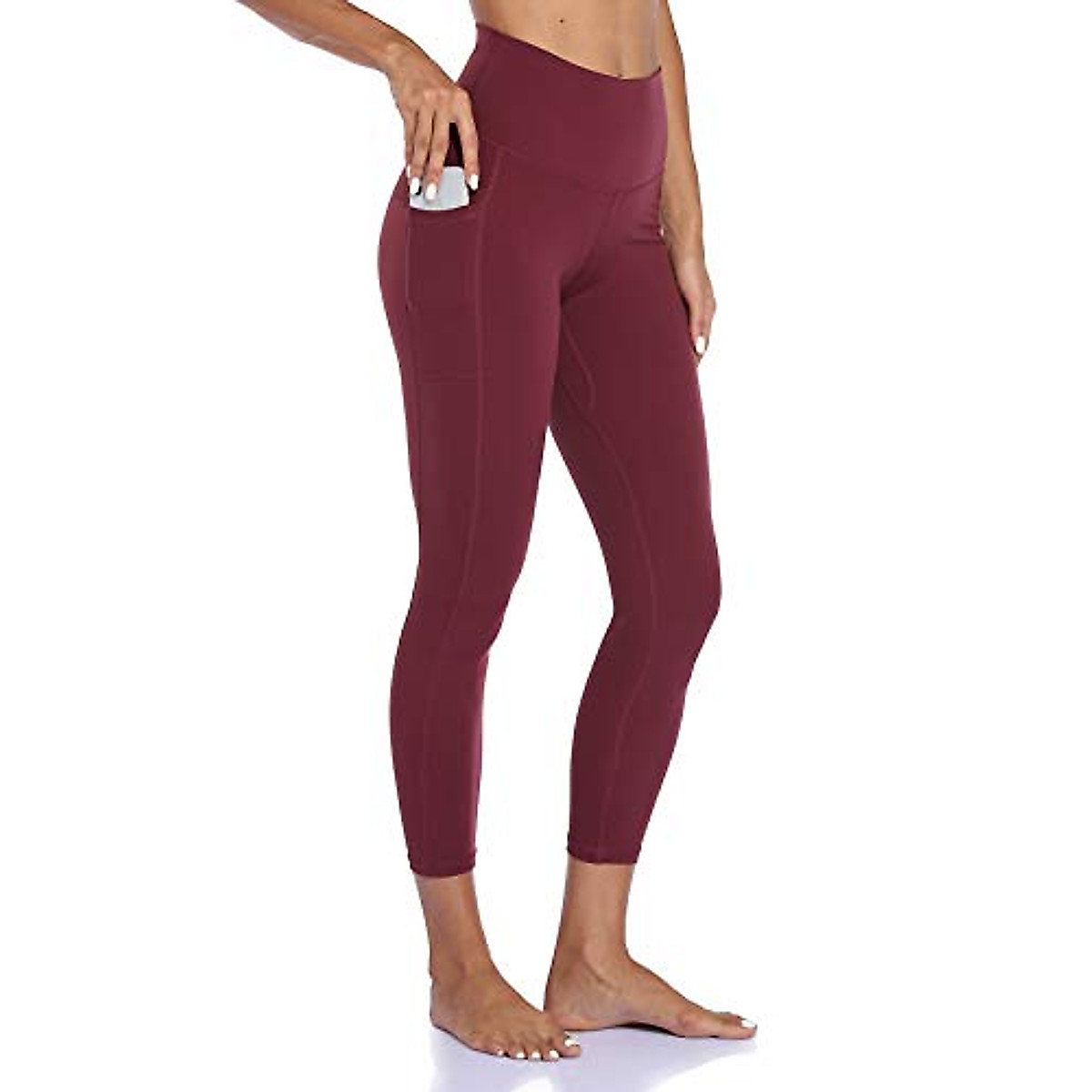 Colorfulkoala Women&#039;s High Waisted Tummy Control Workout Leggings 7/8 Length Yoga Pants with Pockets (S, Wine Red)