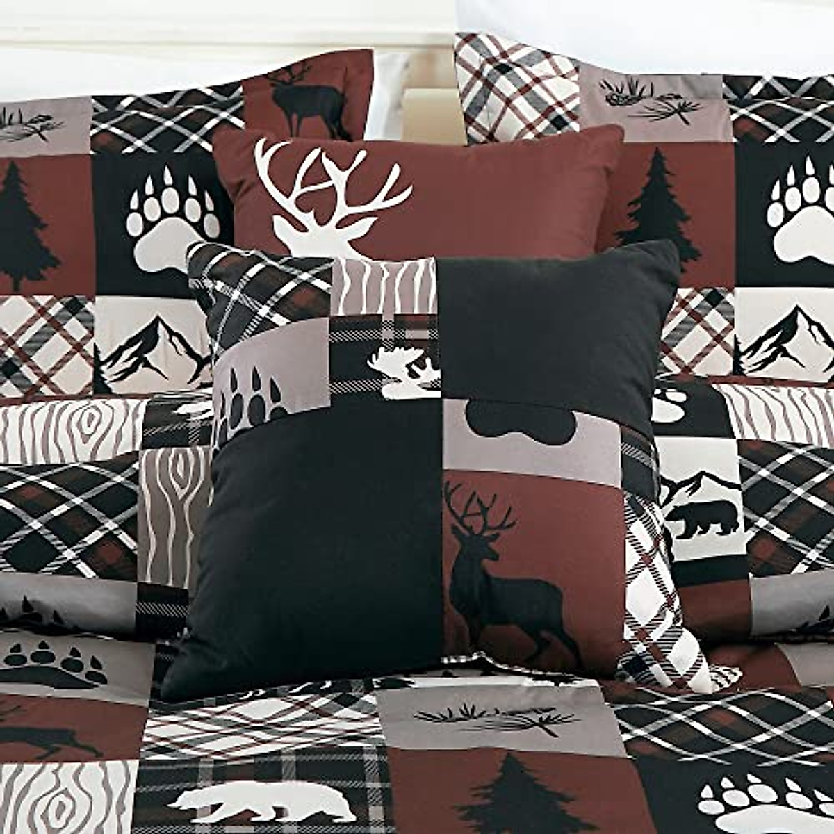 Chezmoi Collection Vista 7-Piece Southwestern Cabin Lodge Comforter Set - Red White Black Gray Grizzly Bear Pinecone Tree Moose Printed Microfiber Bedding, California King