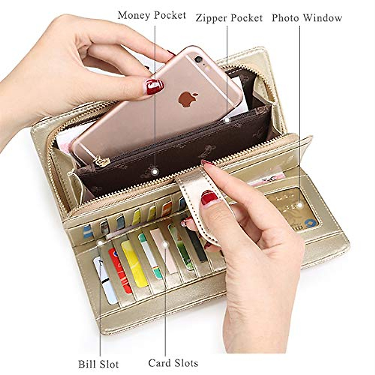 FOXER Leather Wallets for Women, Leather Gift Box Packing Chain Pattern Ladies Clutch Purses with Wristband Women's Trifold Long Wallets Womens Zip Around Wallets Credit Card Holders (Gold)