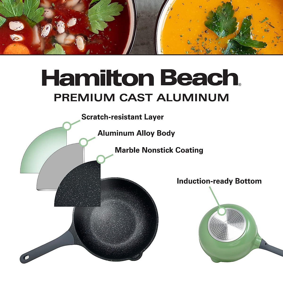 Hamilton Beach 5.5 Quart Dutch Oven Green with Marble Nonstick Coating,Die-Cast Aluminum Dutch Oven Pot Induction bottom, Gray Soft Touch Handle, Glass Lid with Silicone Rim for Cooking