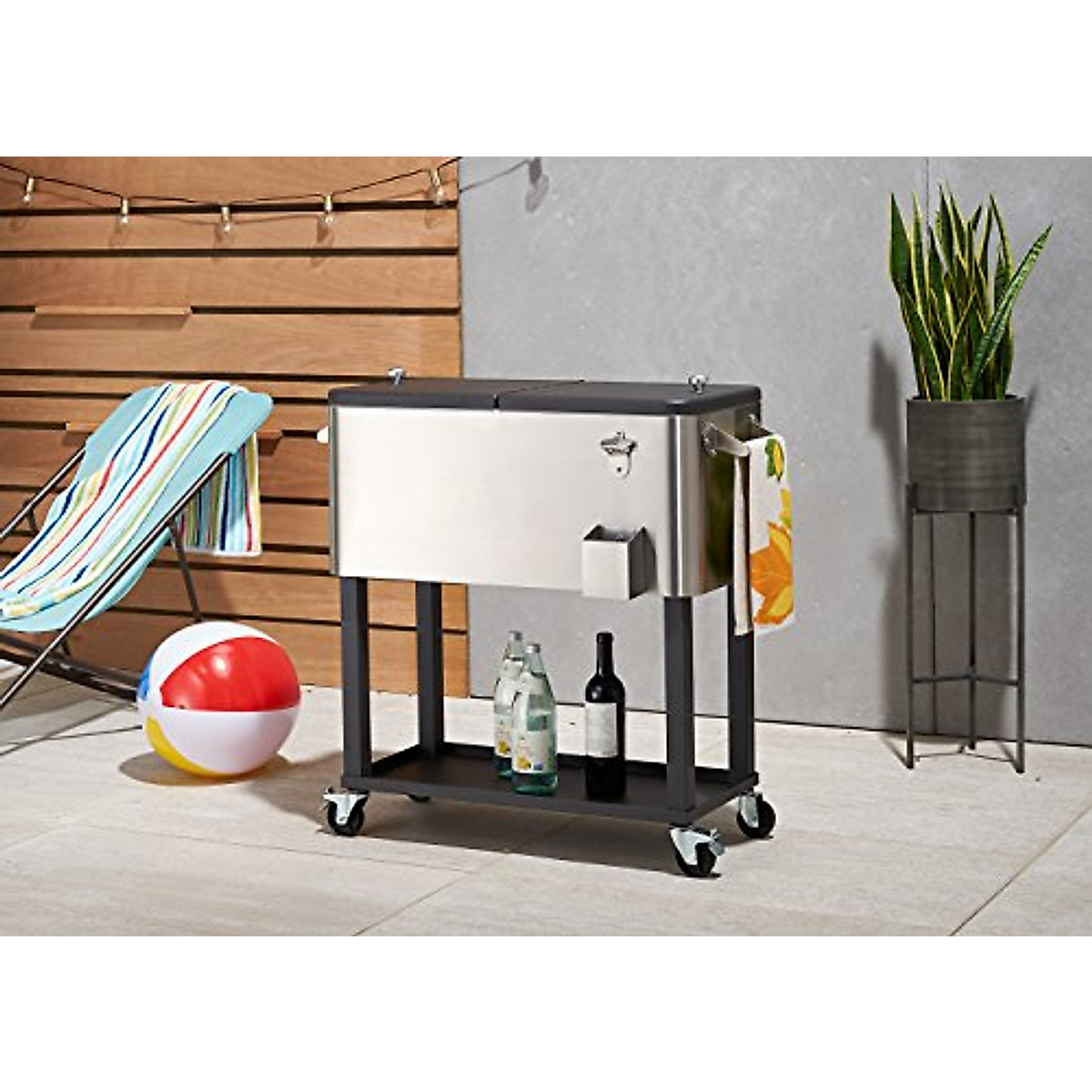 TRINITY Stainless Steel Beverage Cooler and Ice Chest with Wheels and Built-in Bottle Opener, Rolling Cart with Shelf for Patio, Outdoor Bar, Catering, and Restaurants, 100 Quart Capacity