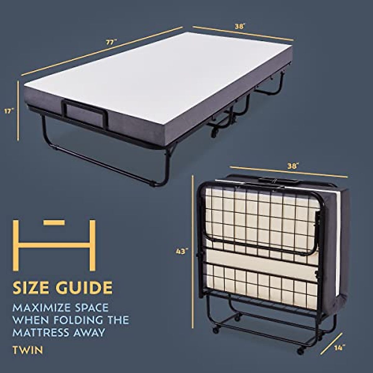 Heyward Premium 5” Memory Foam Folding Bed | Twin Size Mattress with Steel Frame | CertiPUR-US Certified Foam w/Washable Jacquard Top, Breathable Mesh Sides | 77”L x 38”W x 17”H
