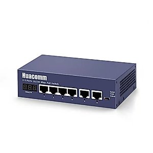 Huacomm 6-Port 10/100Mbps PoE Switch with 4 PoE Ethernet Ports | IEEE 802.3af/802.3at | Sturdy Metal | Plug-and-Play | Desktop | 65W PoE Budget | Unmanaged | HC1705P