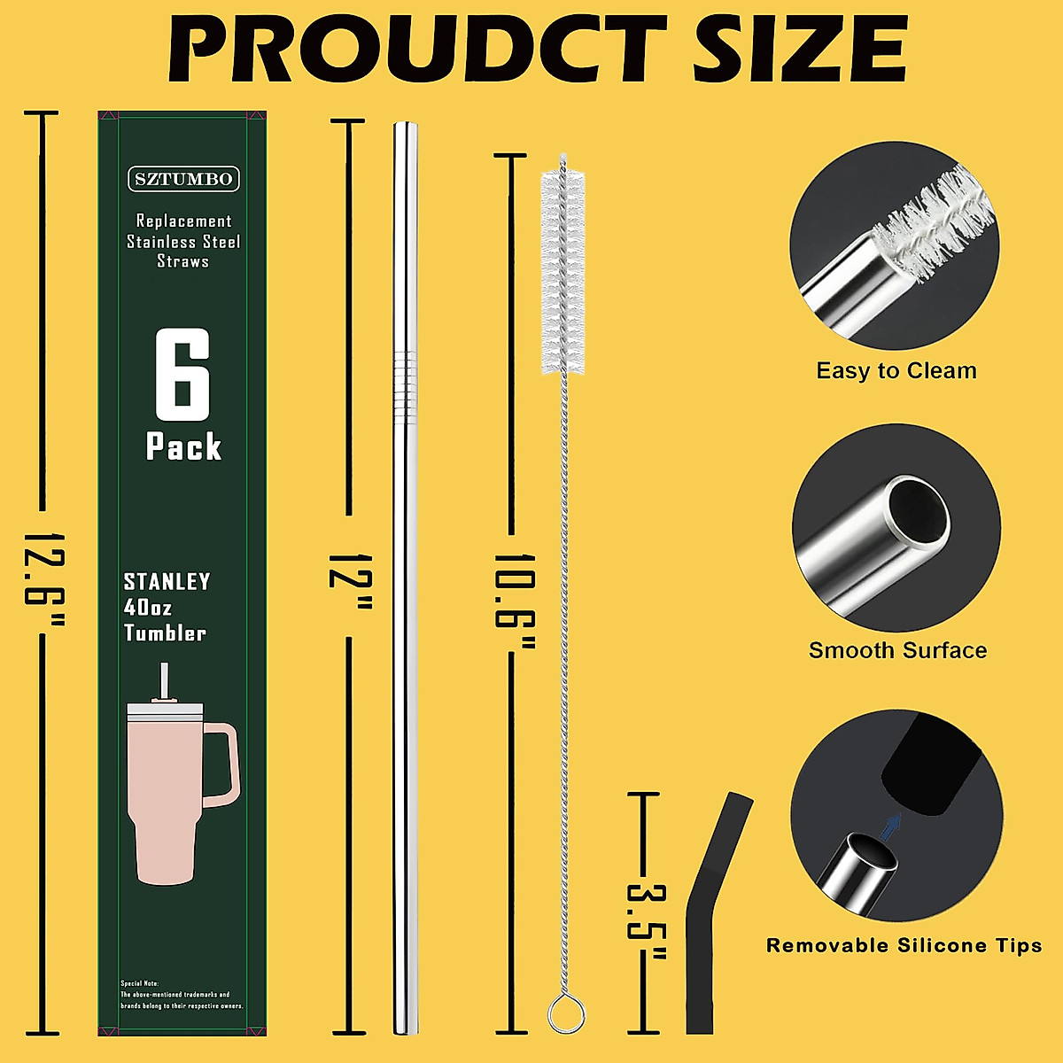 Sztumbo 6 Pack 12 Inch Reusable Metal Stainless Steel Straight Straw,with 6Silicone Tips and 2Cleaning Brush for Simple Modern 32,40oz Tumbler,40oz Stanley, 24 oz Starbucks Cup(8mm Silver)