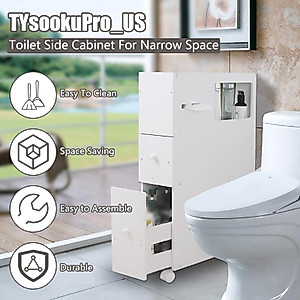 XUANIIIL Bathroom Floor Movable Storage Cabinet, Narrow Slim Tall Towel Organizer Toilet Side Freestanding Rolling Shelf Unit with Drawers for Small Space Laundry Living Room
