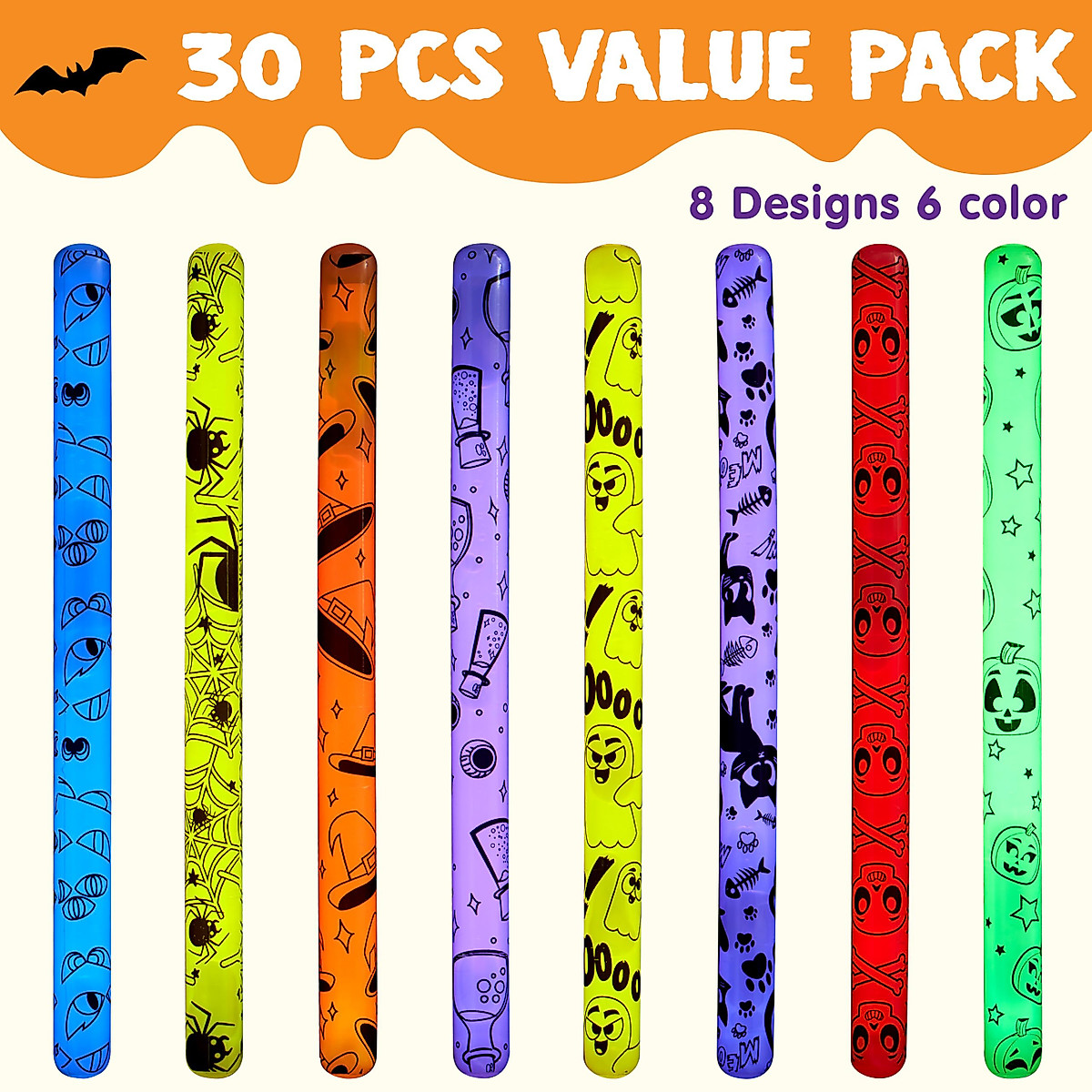 JOYIN 30 Pcs Halloween Glow Sticks Bulk Party Pack, Hanging Wands in 8 Designs, 6 Colors Light Up Sticks for Kids Glow in The Dark Halloween Party Favor Supplies, Halloween Goodie Bag Filler