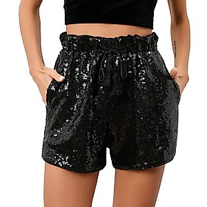 Women Summer Sequins Shorts High Waist Casual Loose A Line Hot Pants Sparkly Clubwear Night-Out Skorts (Black,XL,X-Large)