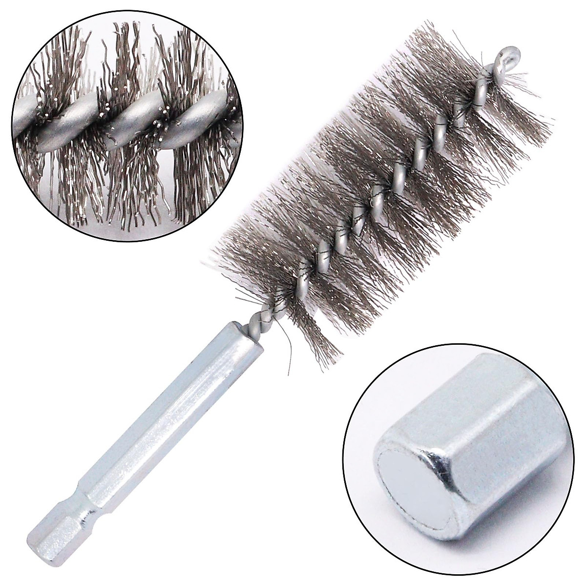 SWZHAI Bore Brush Stainless Steel 2 Pcs, Bore Brush for Drill with 1" Hex Shank Twisted, Round Wire Brush for Power Drill, Cleaner Bore Brush Set for Rust, Cleaning Tubes