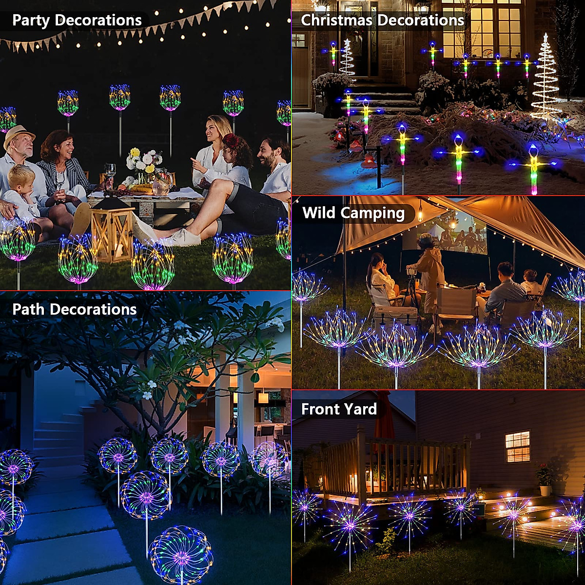6 Pack Solar Firework Lights,720 LED Outdoor Garden Lights USB Charging, 8 Lighting Modes with Remote Control Waterproof, 4 Brightness DIY Firefly Lamp for Path Christmas Party Yard (Colorful)