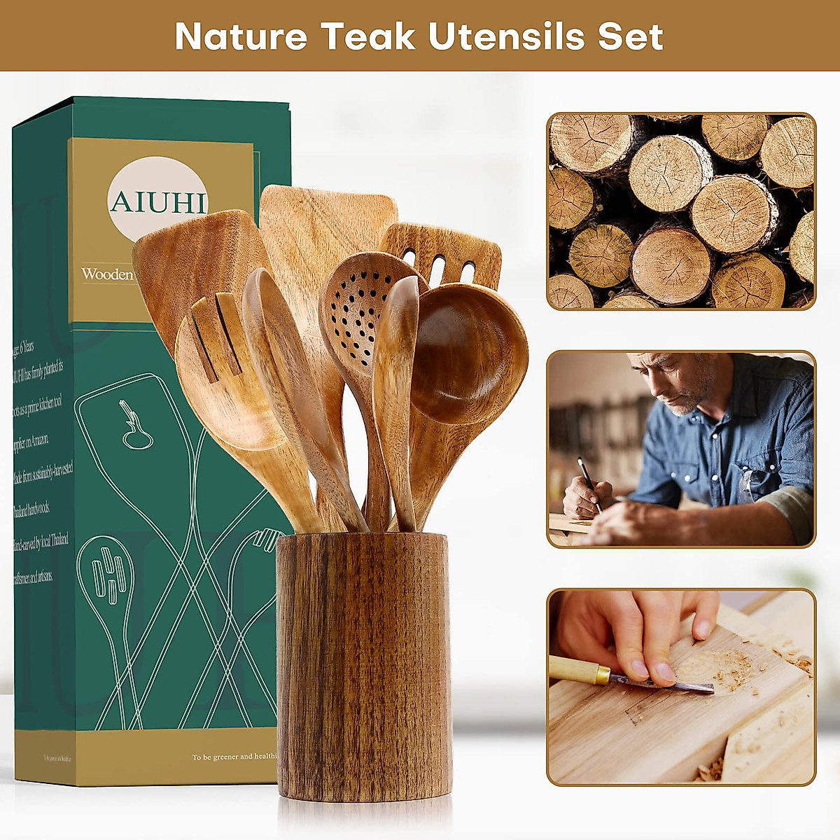 Natural Teak Wood Kitchen Utensils with Spatula and Ladle (10)