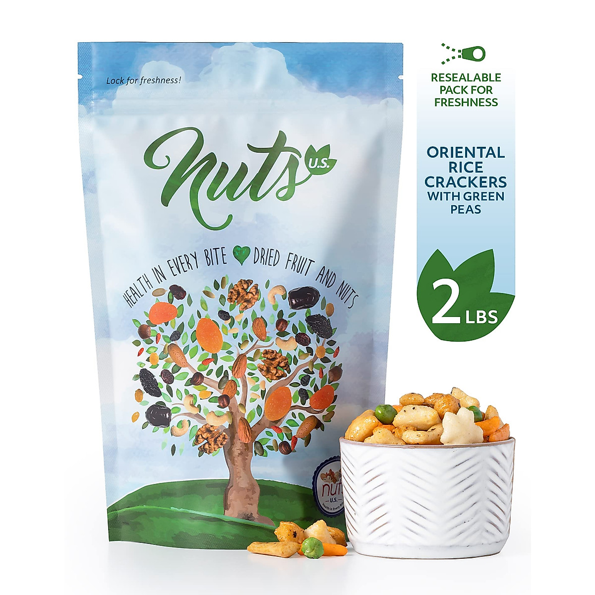NUTS U.S. - Oriental Rice Crackers With Green Peas in Resealable Bag!!! (2 LBS)