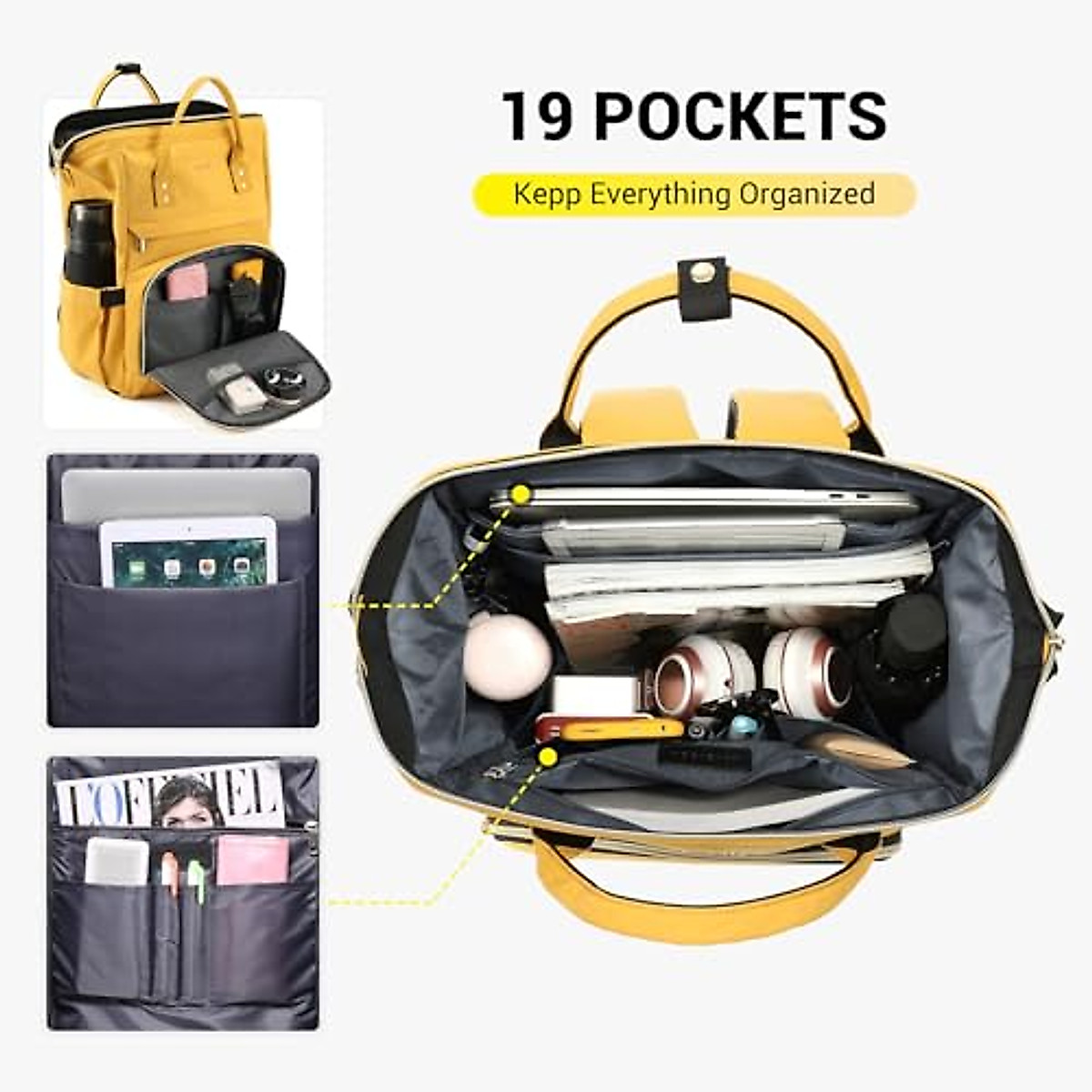 LOVEVOOK Laptop Backpack Women Teacher Backpack Nurse Bags, 15.6 Inch Womens Work Backpack Purse Waterproof Anti-theft Travel Back Pack with USB Charging Port (Yellow)