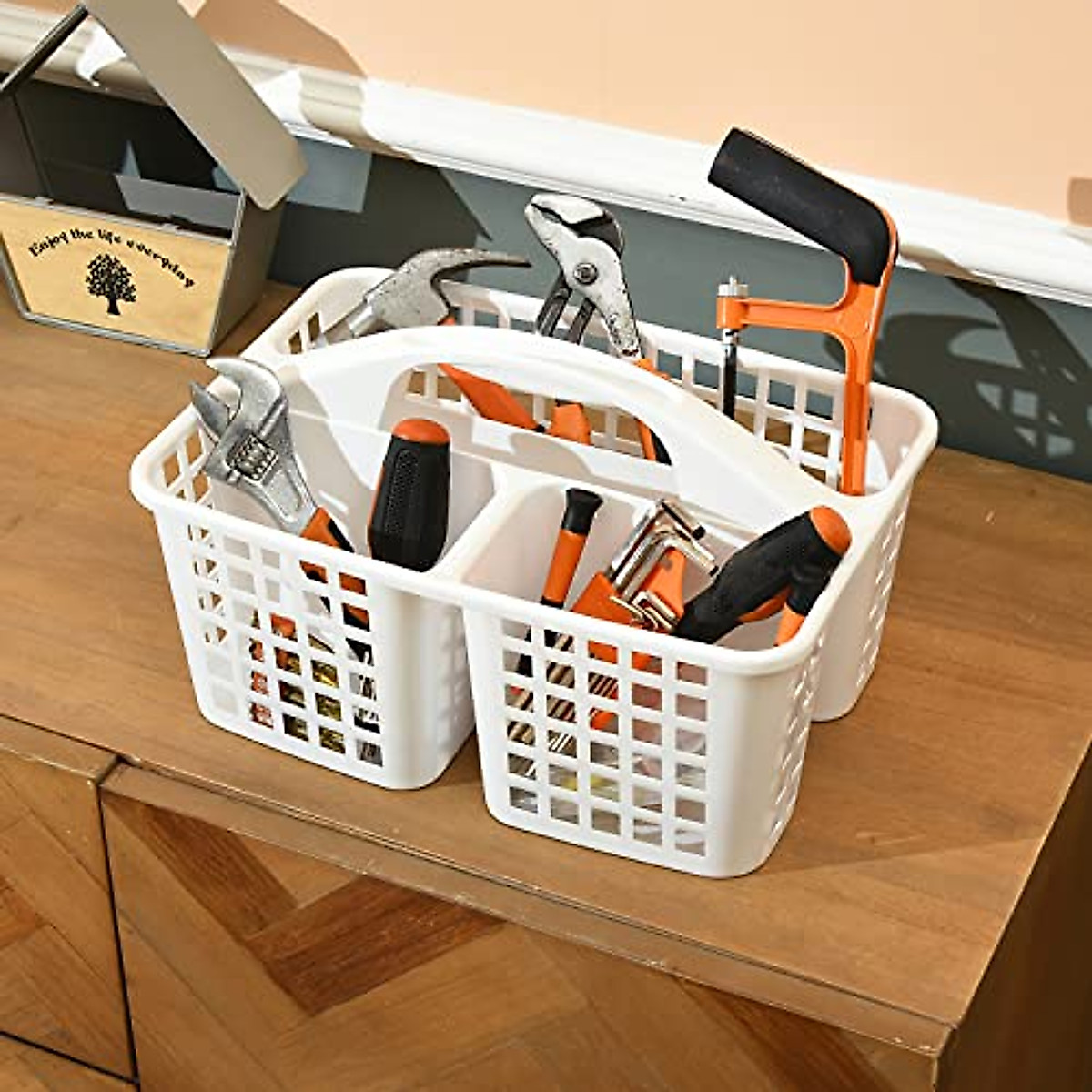 Haundry Plastic Shower Caddy Basket with 3 Compartments, Portable Divided Cleaning Supply Storage Organizer with Handle (Black)