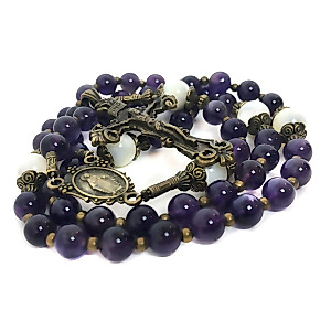 Beautiful Amethyst and Mother of Pearl Stone Rosary Beads Catholic for Women With Virgin Mary Our Lady of Graces Medal Centerpiece - Catholic Rosary - Rosarios Catolicos Para Mujer - Catholic Gifts Women - Rosario Regalos Para Mujer - Rosary Necklace for