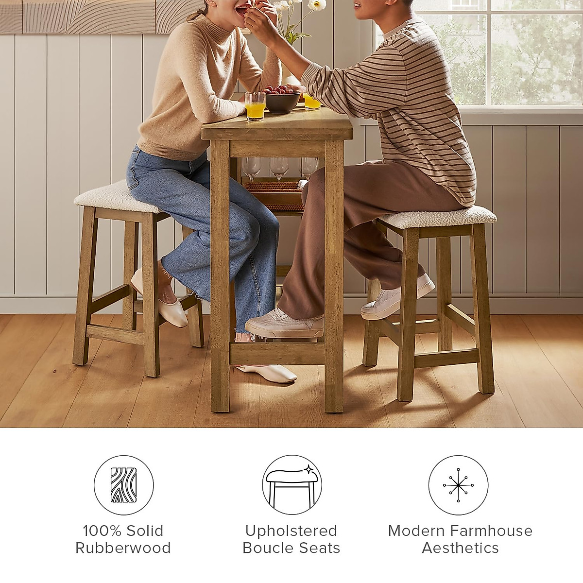 mopio Kelly Solid Wood Counter Table Set with 2 Boucle Stools, 3-Piece Dining Table Set for 2, Small Kitchen Island Table with Storage Shelves, for Living Room, Dining Room, Kitchen