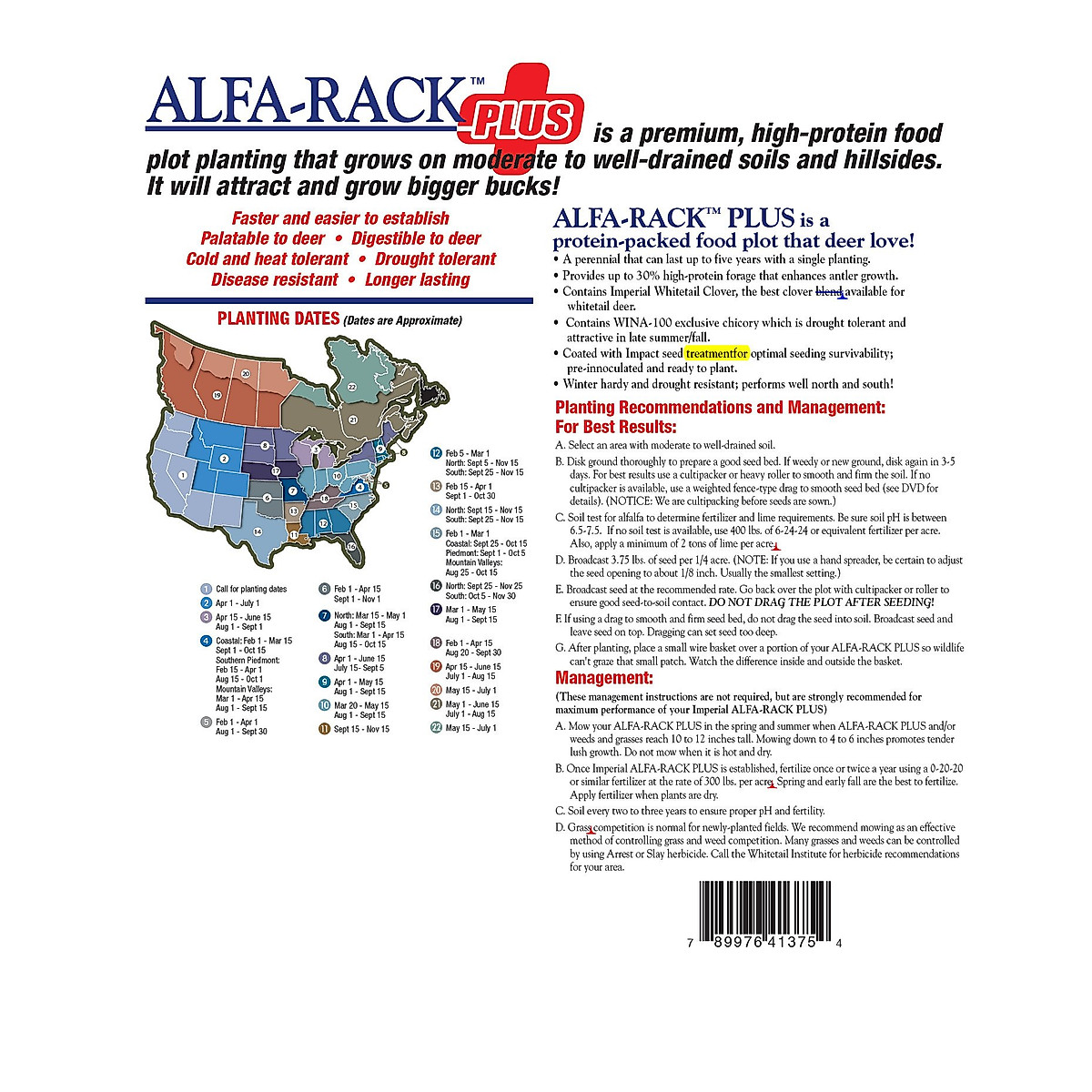 Whitetail Institute Alfa-Rack Plus Deer Food Plot Seed, Perennial Blend of Deep-Root Forages That Thrive on Hilltops and Hillsides, Highly Nutritious and Attractive to Deer, 16.5 lbs (1.25 acres)