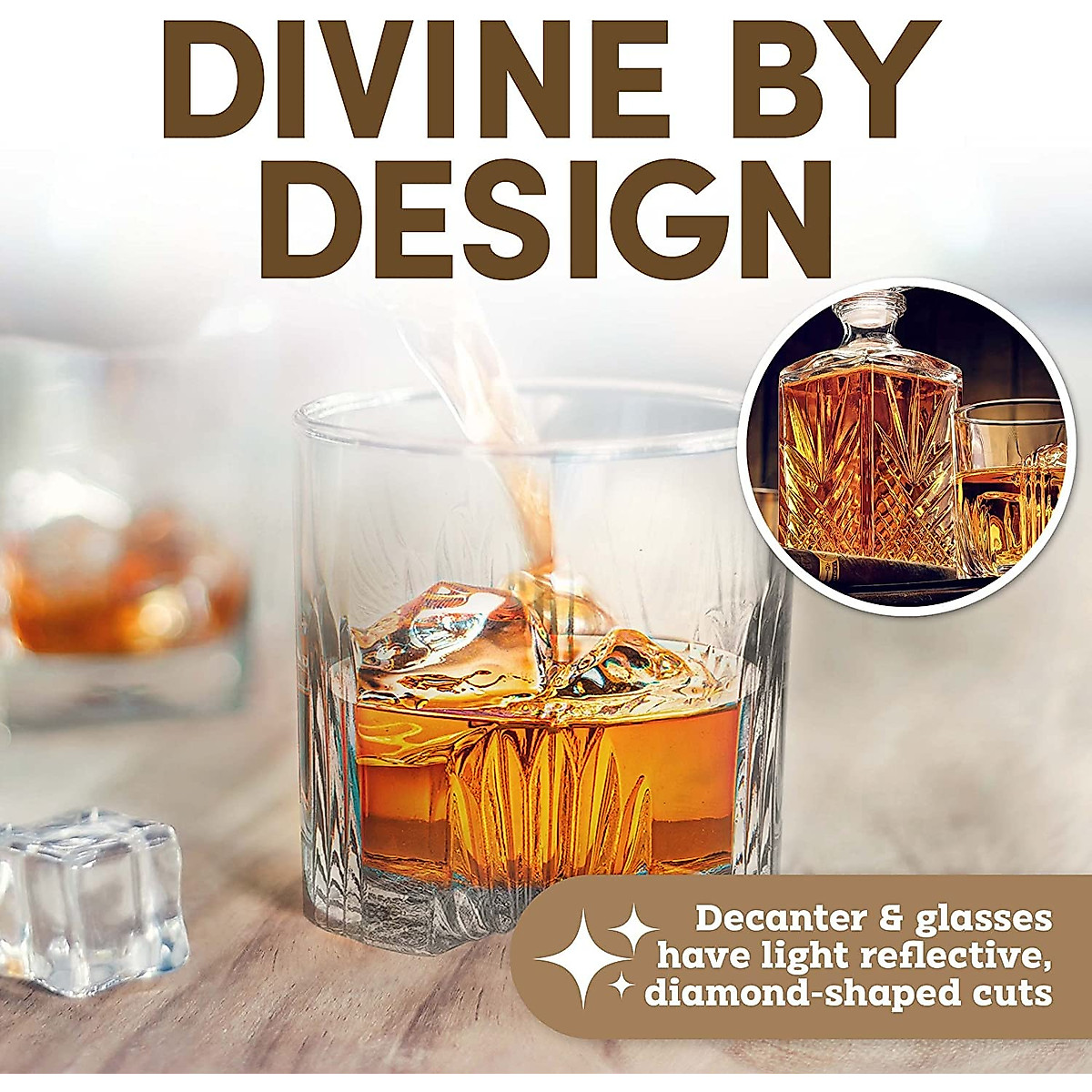 Bormioli Rocco Selecta Collection Whiskey Gift Set – Sophisticated Etched 33.75oz Decanter & 6 9.5oz Glass Tumblers With Starburst Detailing – For Whiskey, Bourbon, Scotch & Liquor