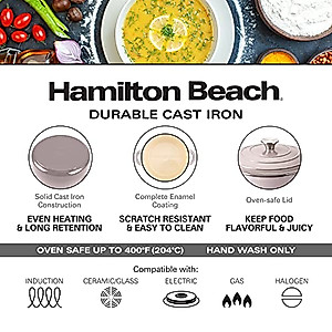 Hamilton Beach Enameled Cast Iron Dutch Oven 5.5-Quart Gray, Cream Enamel Dutch Oven Pot with Lid, Cast Iron Dutch Oven with Even Heat Distribution, Safe Up to 400 Degrees, Durable