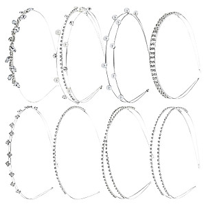 Lawie 8 Pack Sparkly Rhinestone Pearl Silver Metal Headbands,Double Slim Skinny Wire Hair Bands,Decorative Cross Hair Bands Accessories,Crown Tiara Hair Holder Fancy Hairbands for Women Girls