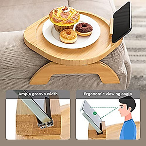 SINWANT Bamboo Sofa Tray Table Clip on Side Table Couch Arm with 360° Rotating Phone Holder, Couch Tray for Arm, Sofa Table for Eating/Drinks/Snacks/Remote/Control