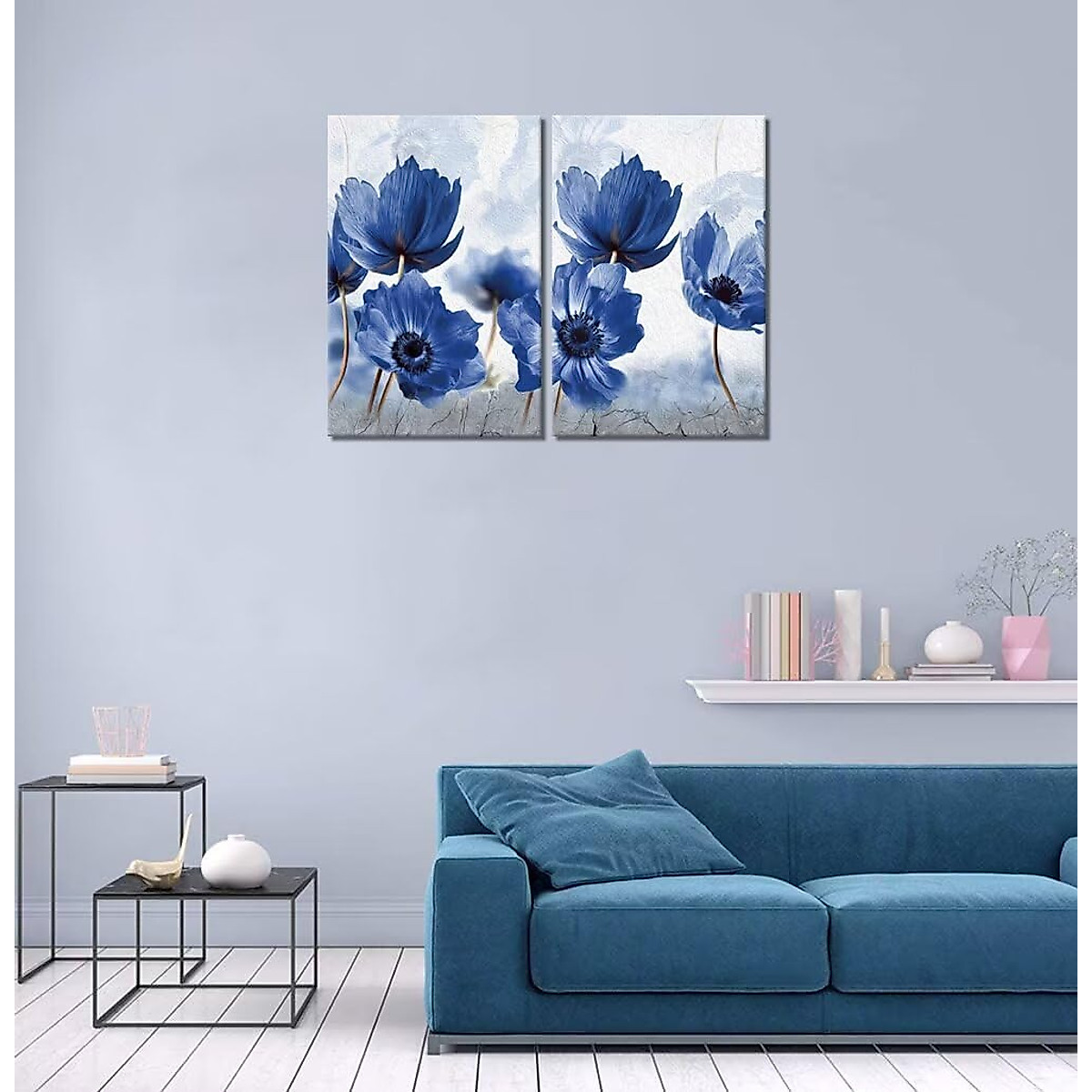 HJY Art 2 Piece Abstract Flower Wall Art for Bathroom Canvas Floral Wall Decor White and Blue Modern Home Living Room Dining Room Bedroom Office Painting Poster Framed Artwork (24''W x 32''H x2)