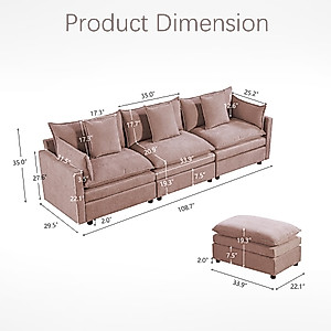 Oversized Modular Sectional Sofa with Ottoman, 108.66" Wide Chenille Cloud Couch, Comfy Upholstered Furniture Sofa Set for Living Room, Apartment, Studio, Office-Shell Pink