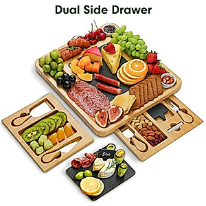 Easoger Large Charcuterie Board (28"×13"×1.6") with 2 Drawers, Bamboo Cheese Board with Knife Set, 2 Ceramic Bowls, Cutting Protection Natural Slate and Non-slip Feet, ideal for Housewarming Gift