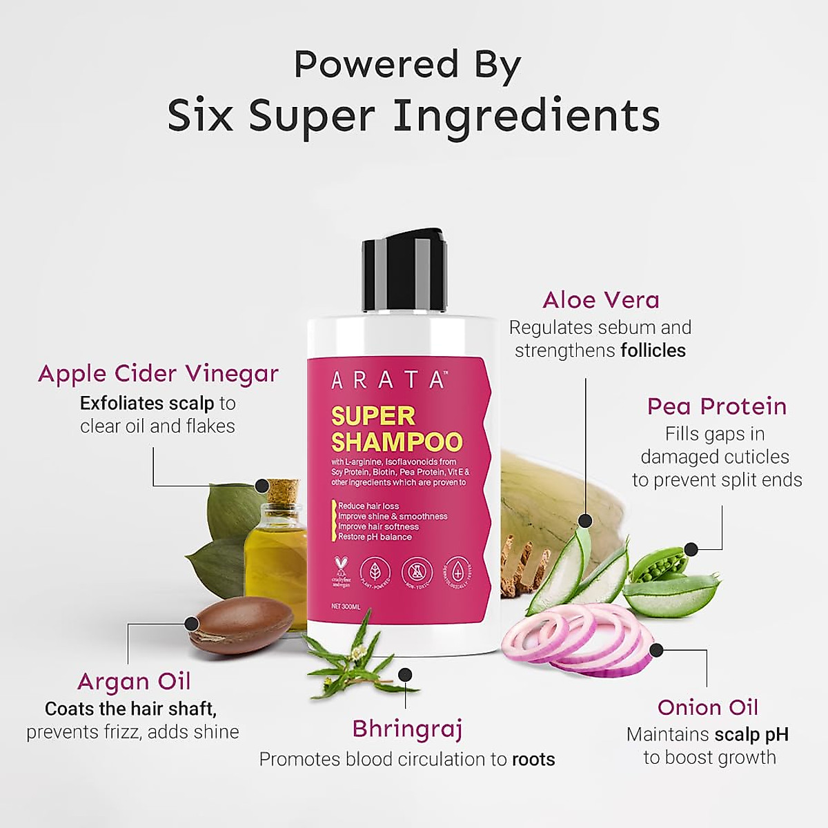 Arata Regenerating 5-in-1 Super Shampoo | Ayurvedic Onion Oil, Bhringraj, Apple Cider Vinegar, Argan Oil | Reduces Hair Fall & Thinning With Aging | For Women & Men - 10 Fl Oz