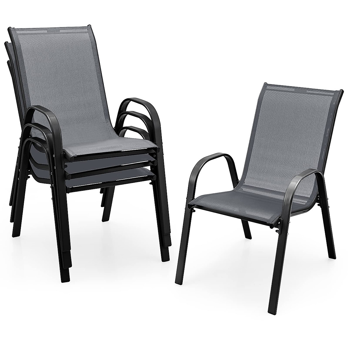 Giantex Set of 4 Patio Chairs, Outdoor Stackable Dining Chairs w/Armrests, 330 LBS Capacity, All Weather Fabric, Heavy Duty Rustproof Steel Frame, Lawn Chairs for Porch, Yard, Pool, Garden (Gray)