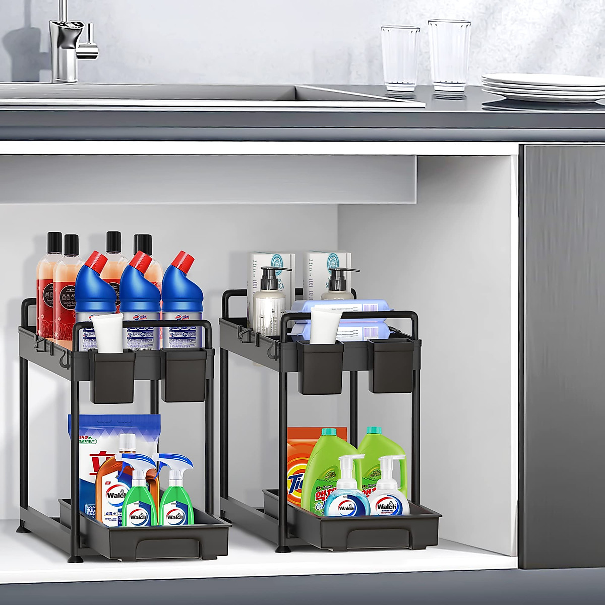 2Pack Under Sink Organizers and Storage,2Tier Pull Out Bathroom Cabinet Organizer with Sliding Drawers,Black Sliding Organization and Storage for Bathroom,Kitchen,Countertop,Black, free size