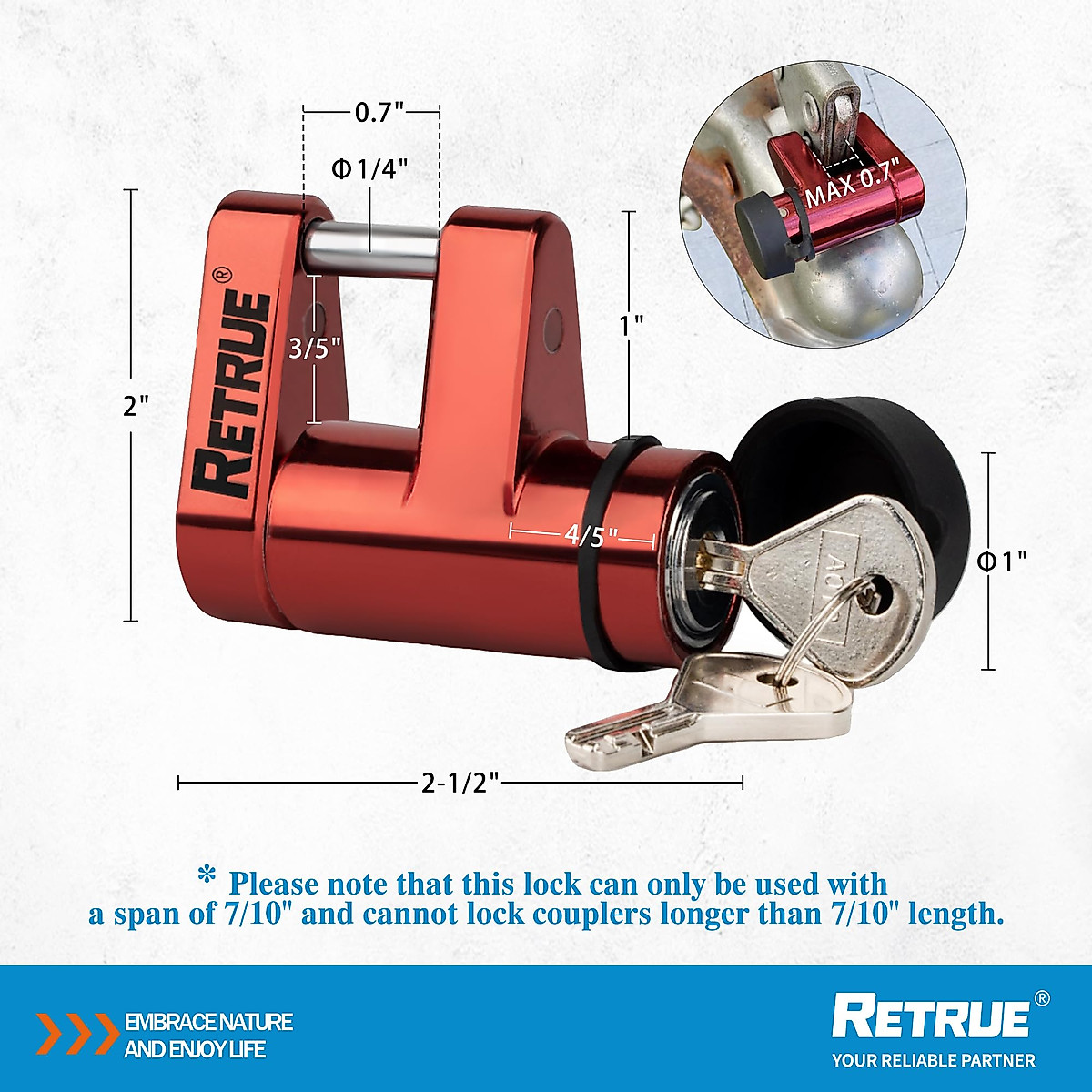 RETRUE Trailer Coupler Tongue Lock with Rubber Cap, Aluminum Alloy Trailer Hitch Lock,Dia 1/4 Inch, 7/10 Inch Span for Tow Boat RV Truck Car's Coupler Easy Lock, Red