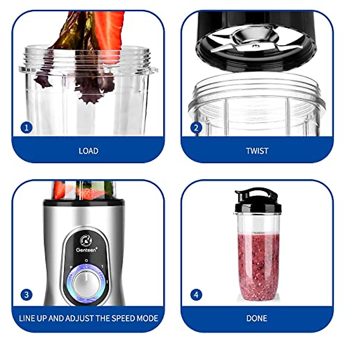 Genteen Personal Smoothie Bullet Blender,650W| 8 Pcs Smoothie Blender with 3 Speeds,24+17oz Travel Bottles BPA Free Single Serve Blender for Protein Shakes (Silver)